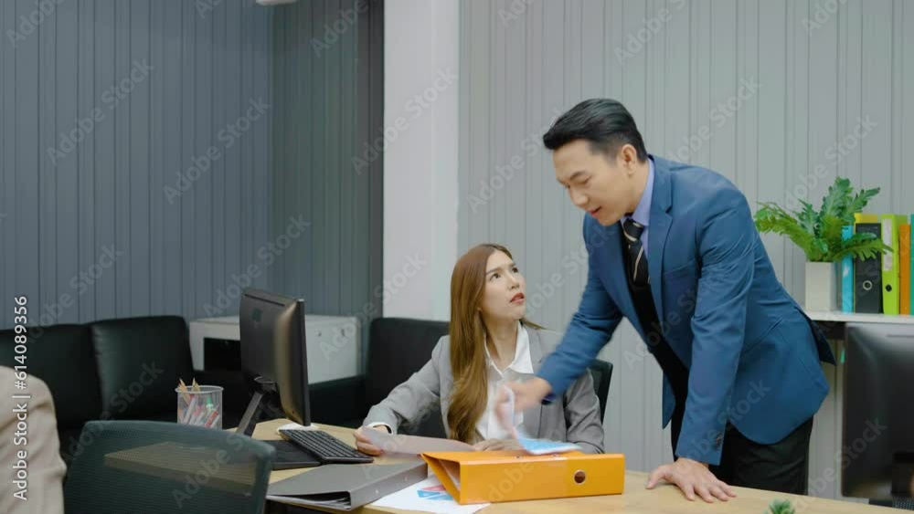 Angry boss businessman scolding female employee for bad work result ...
