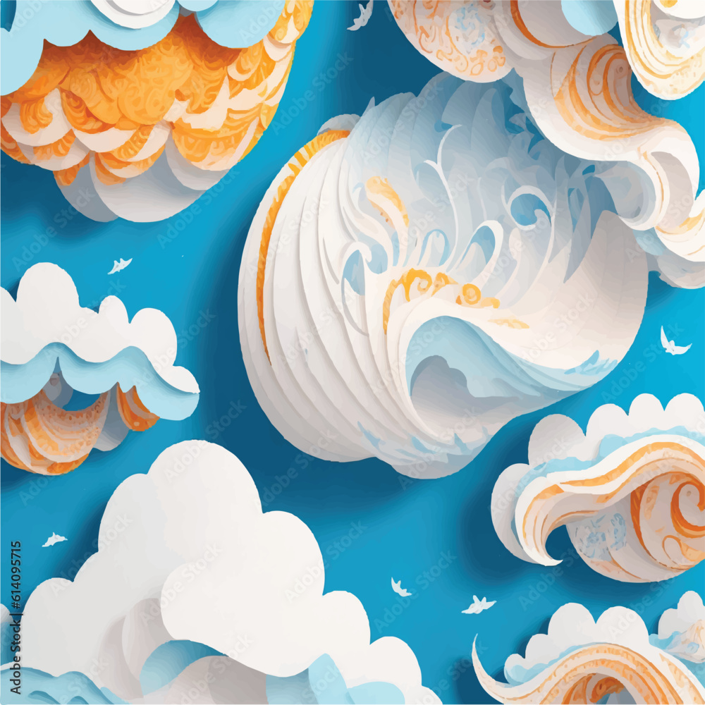 3D Paper Quelling Cloud Vector Illustration with Sculptural Paper Craft ...