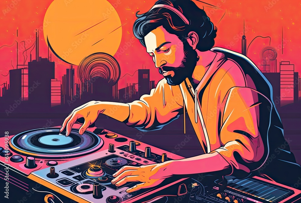 Vibrant and dynamic painting capturing the essence of a DJ in action ...
