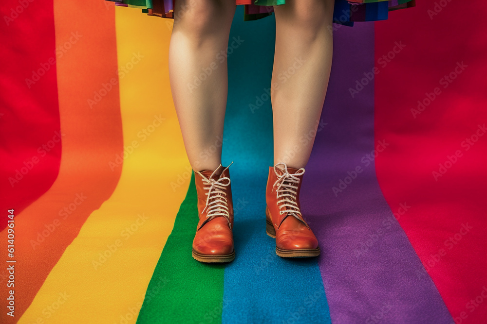 LGBTQ generative ai woman's legs with rainbow flag patterns in a studio ...