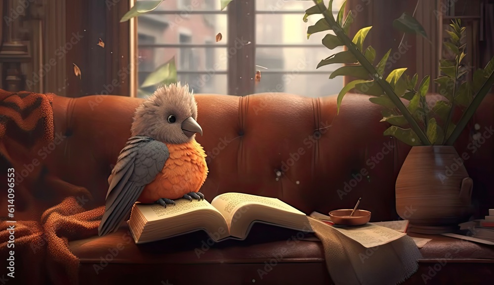 Smart Parrot reading a book. Cartoon style for kids. Stock Illustration ...