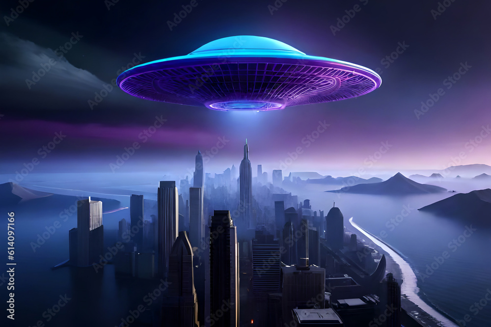 UFO flying saucer spaceship from outer space flying over a city which ...