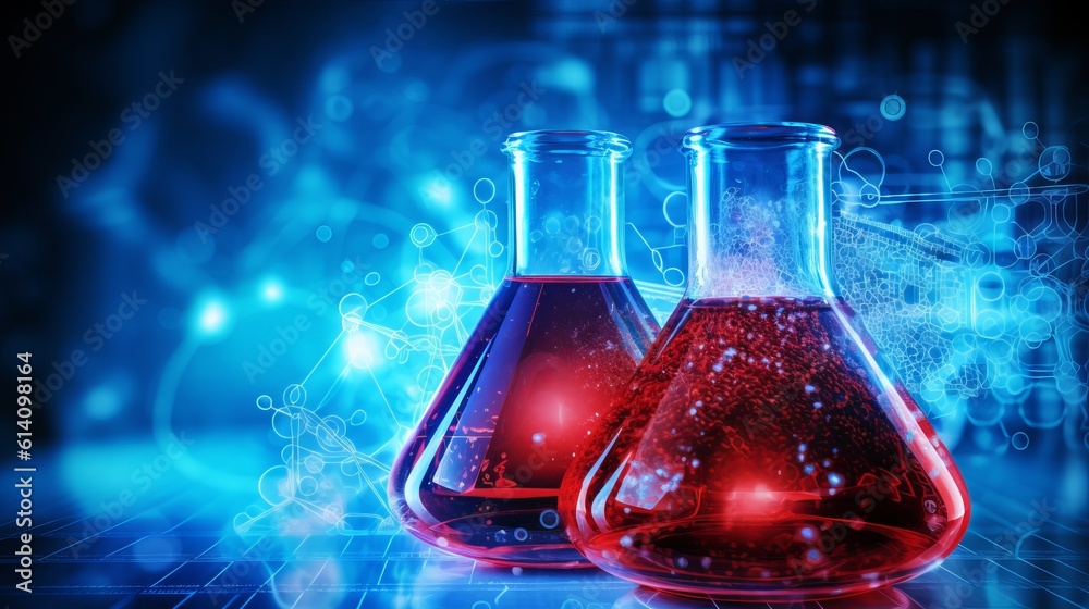 blue red glass flask vial and chemical structure in research medical ...