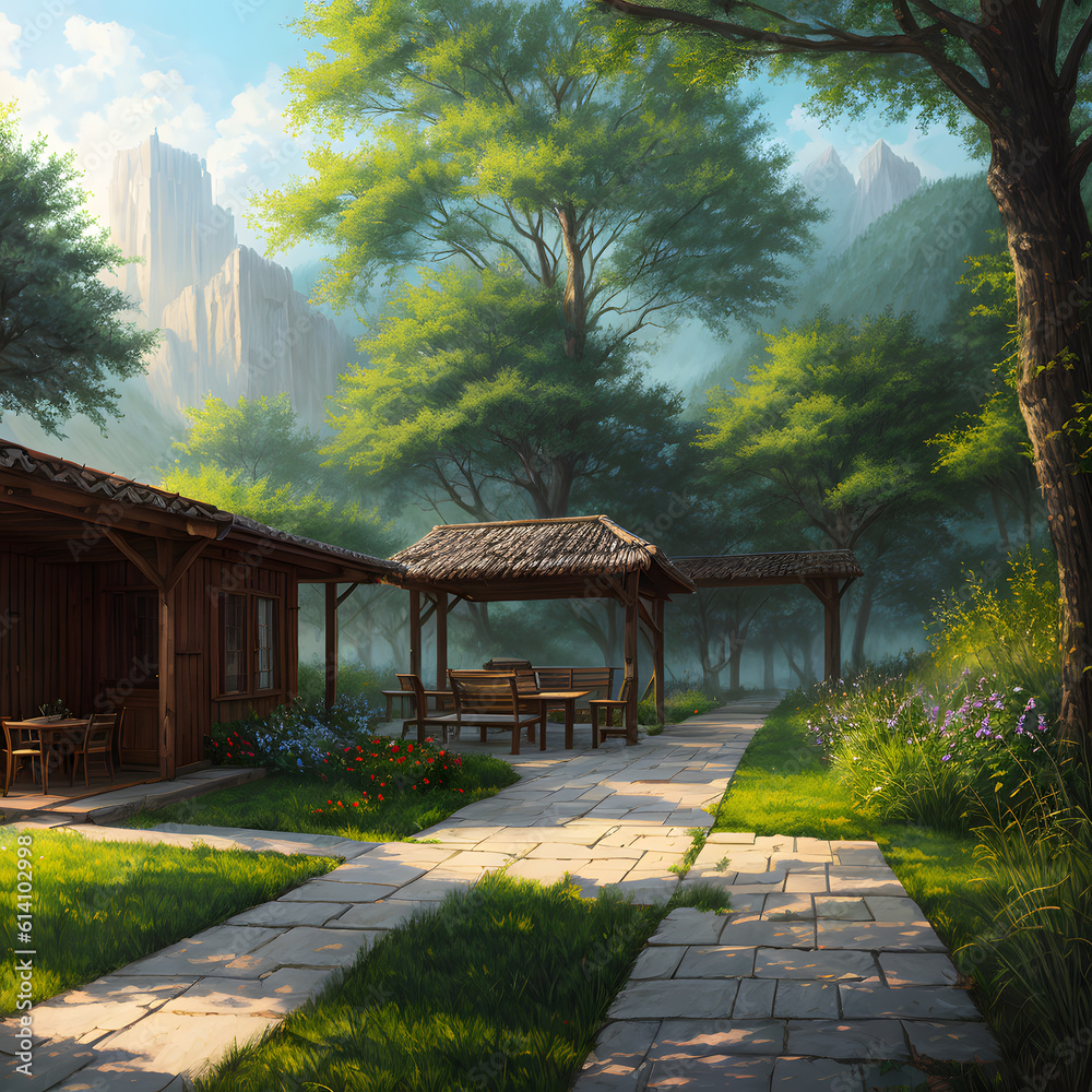 Light and shadow in a terrace environment. Digital art. Fantasy art ...