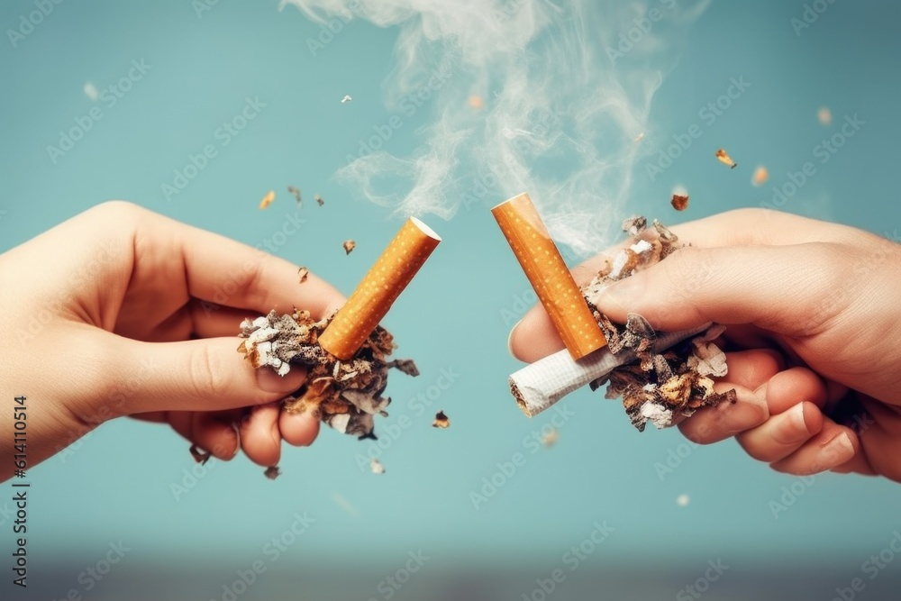 hands separating cigarettes in smoking and nonsmoking concept with ...