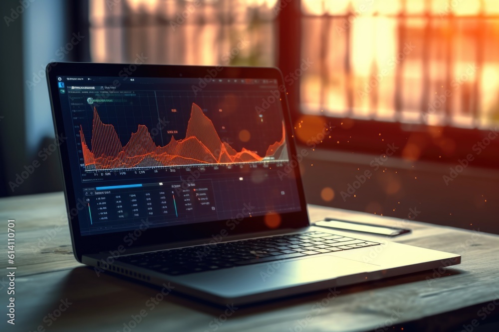 laptop with graph on screen, financial concepts and data visualization ...