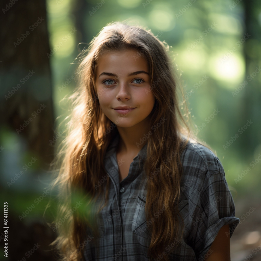 Beautiful young woman with long brown hair in the forest. Portrait of a ...