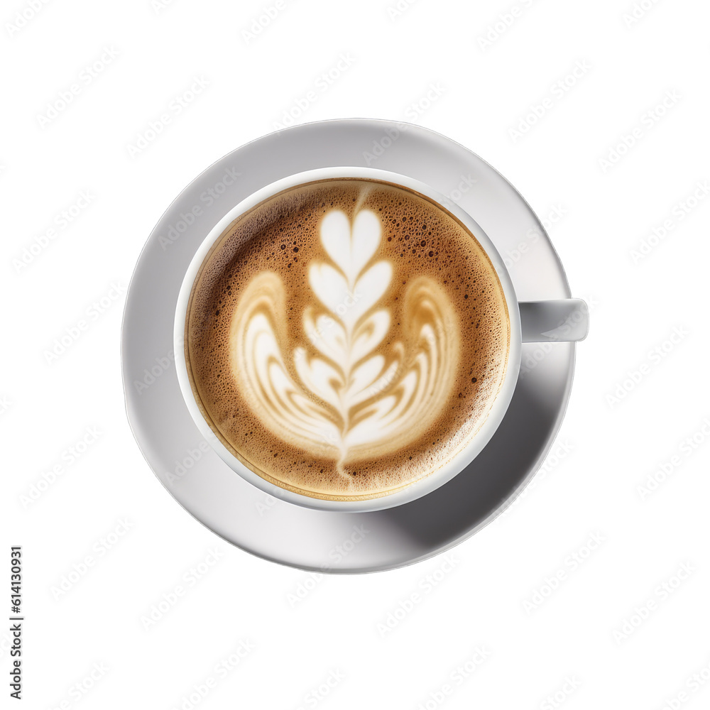 A full hot coffee/latte cup mug with a design seen from above, top view ...
