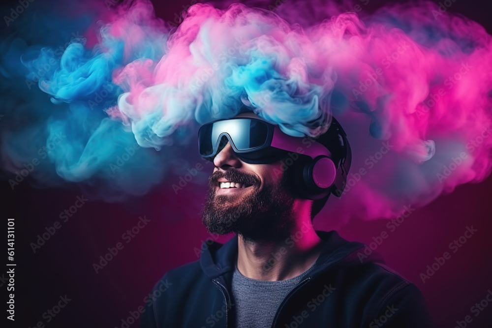 Portrait of a young man wearing virtual reality goggles on dreamy ...