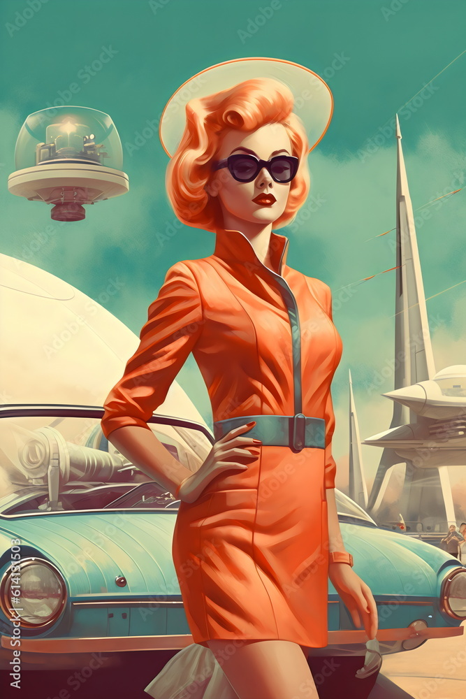 bombshell redhead woman in retro futurism style with car and space ...