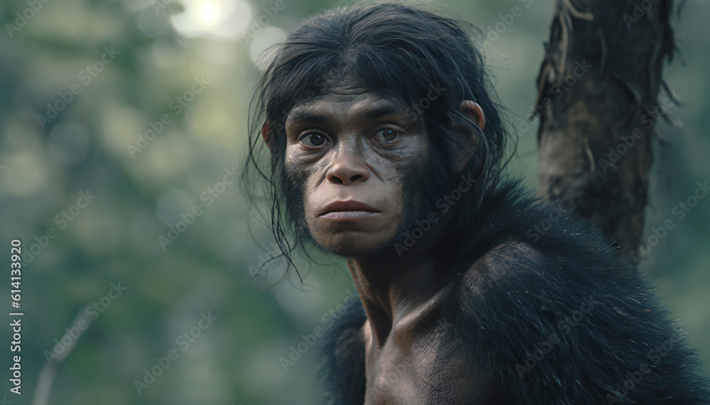 Artistic recreation of a hominid female looking in the jungle ...