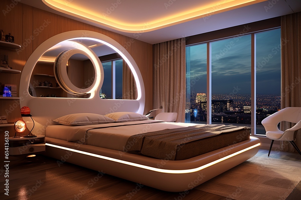 High-tech, futuristic bedroom with innovative smart lighting casting a ...