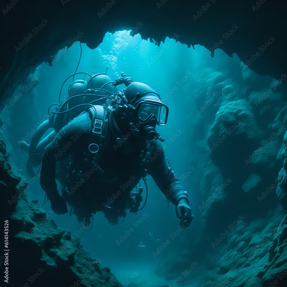 Scuba deep sea diver swimming in a deep ocean cavern . Underwater ...