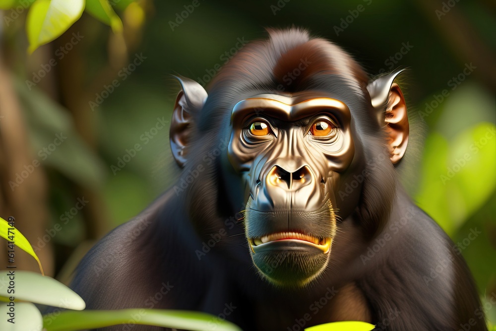 Celebes crested macaque with open mouth. Close up portrait on the green ...
