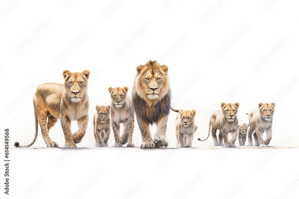 Many lions including their cubs are walking together on a white ...
