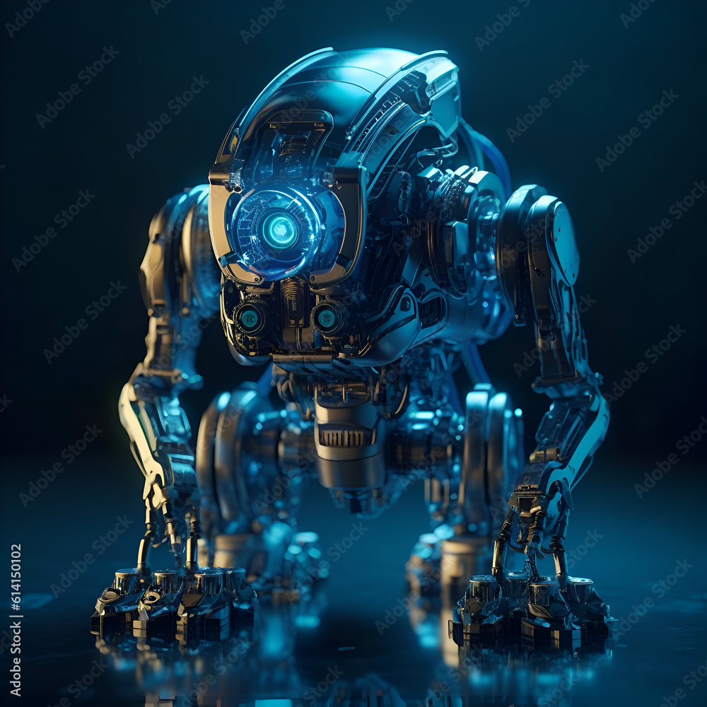 3d rendering humanoid robot on dark background with light and glow ...