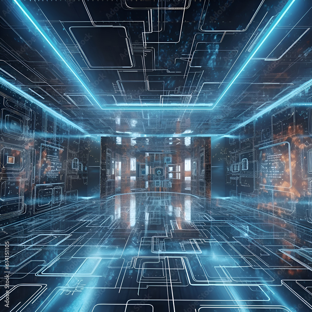 3D rendering of a modern server room with circuit board and blue lights ...