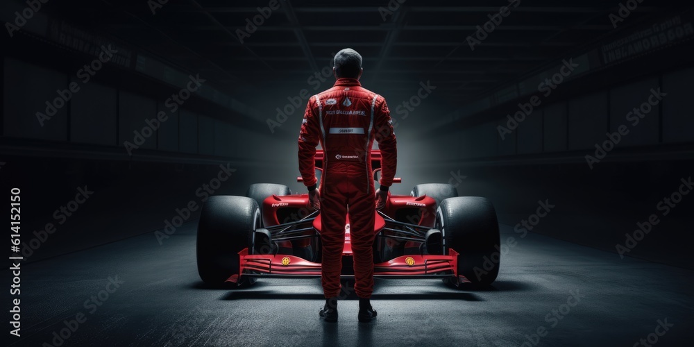 Formula 1 Pilot Standing in front of his race car, Illustration ...
