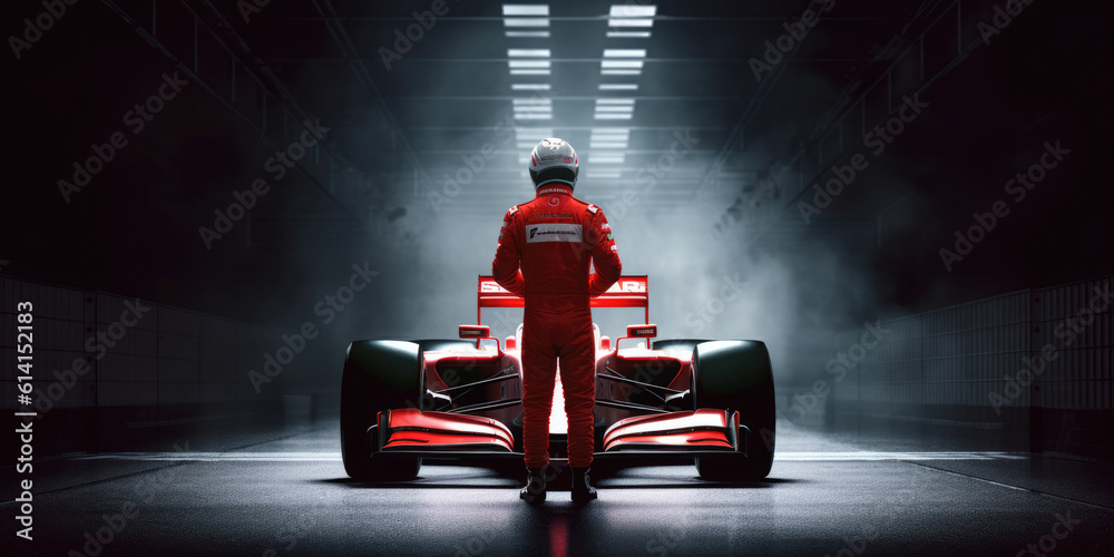 Formula 1 Pilot Standing in front of his race car, Illustration ...