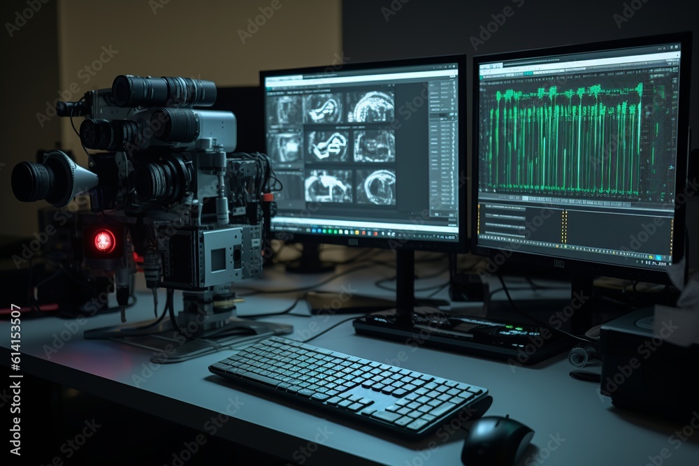 Dual-screen setup showcasing a physical machine and its digital twin ...