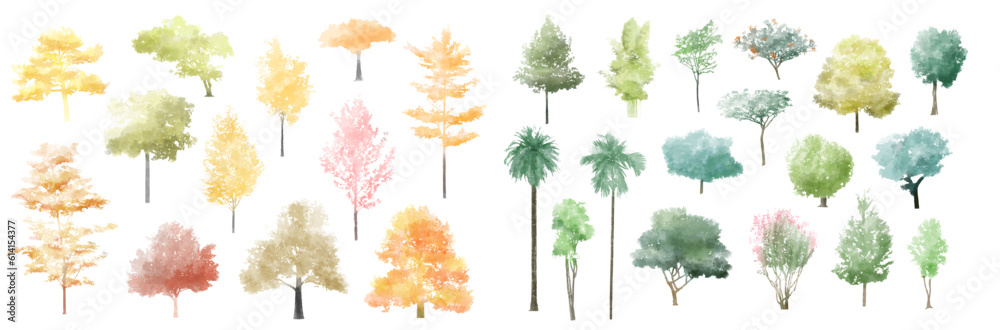 Tree watercolor, Side view green painting, set of graphics trees ...