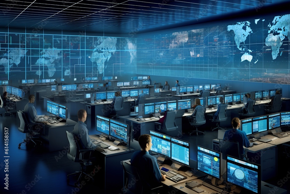 Modern control room with multiple screens displaying real-time logistics data, operators ...