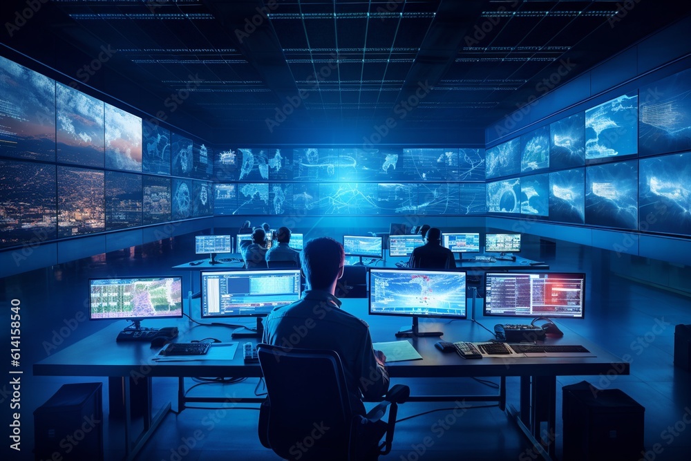 Modern control room with multiple screens displaying real-time logistics data, operators ...