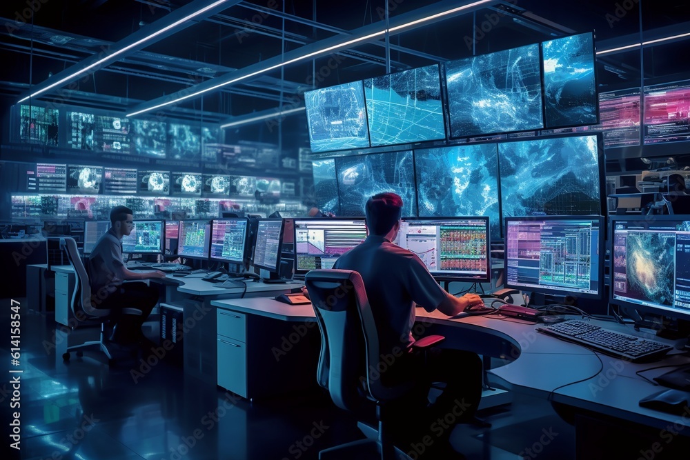 Modern control room with multiple screens displaying real-time ...