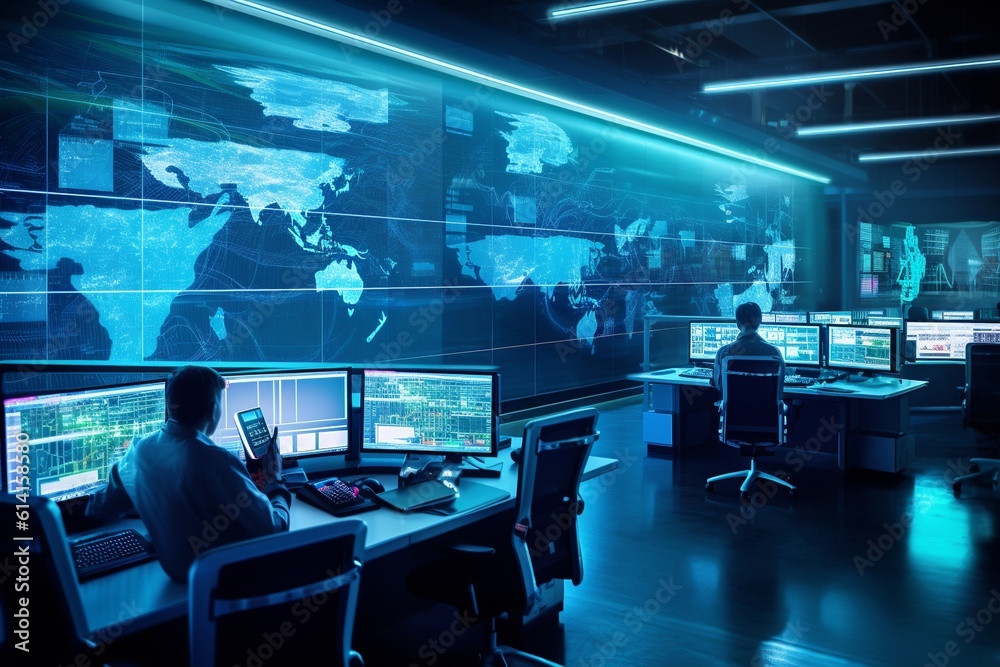Modern control room with multiple screens displaying real-time logistics data, operators ...