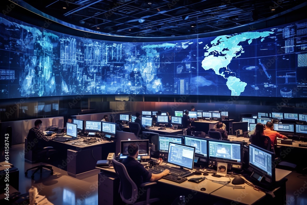 Modern control room with multiple screens displaying real-time logistics data, operators ...