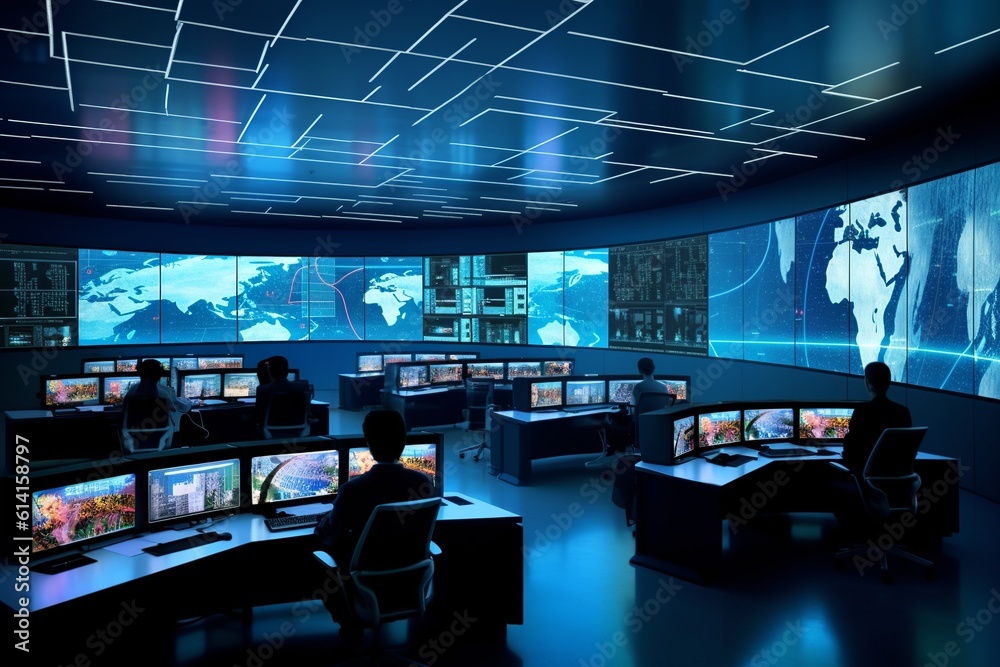 Modern control room with multiple screens displaying real-time ... Modern control room with multiple screens displaying real-time ...
