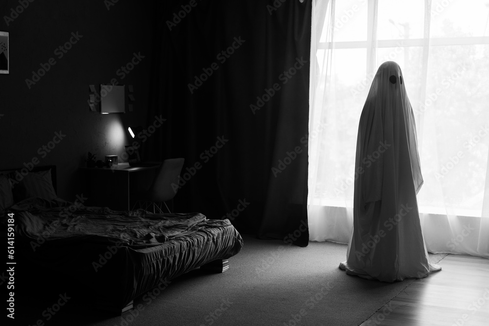 Silhouette of ghost in window inside bedroom at night. Horror scene ...