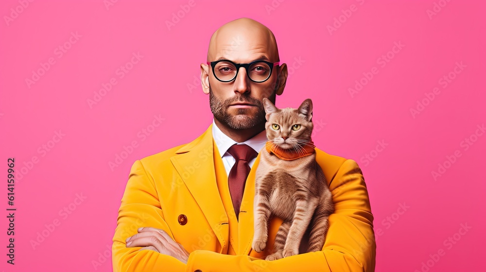 handsome serious man cat owner hold his cat in arm, pink yellow color ...