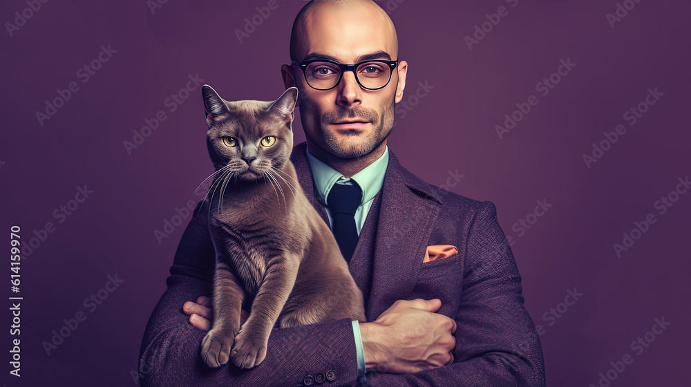 handsome serious man cat owner hold his cat in arm, purple tone color ...
