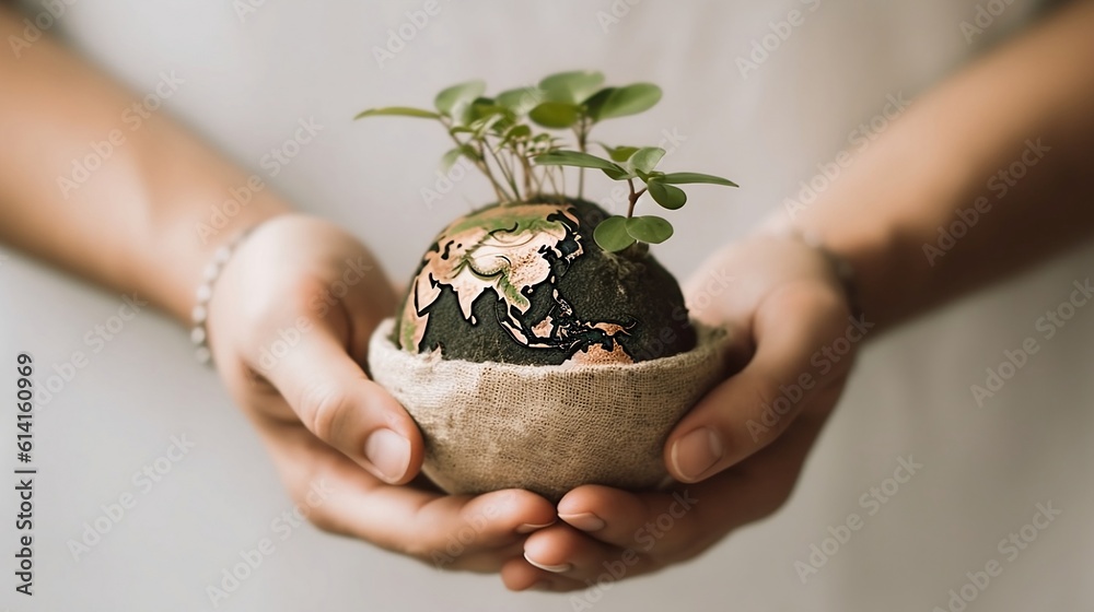 Small sprouts in a pot, earth in a pot in the form of a planet held by ...