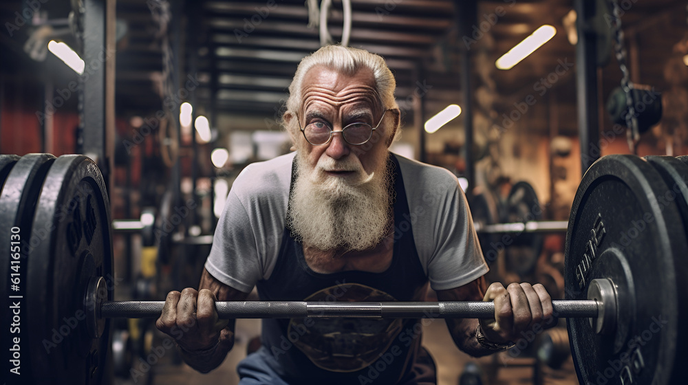 old man with glasses doing extreme exercise in gym, lifting heavy ...