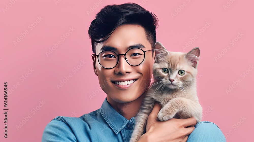 happy cat owner smiling holding his cat in arm, pink background ...