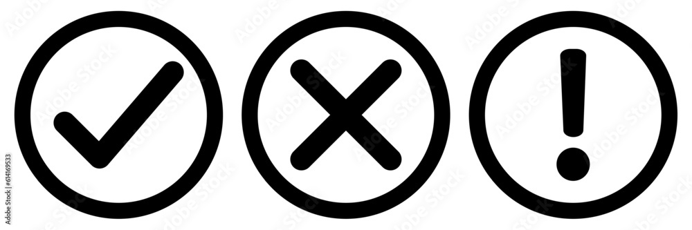 Right, Wrong, Exclamation mark color. Vector set of flat round check ... Right, Wrong, Exclamation mark color. Vector set of flat round check ...
