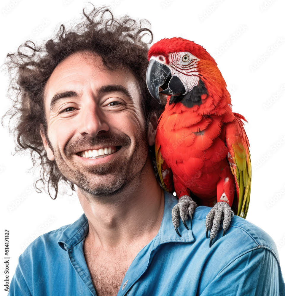 Smiling brunette man with a red macaw parrot on his shoulder isolated ...