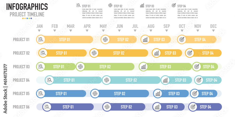 Gantt chart timeline 12 months infographic template or element with 6 ...