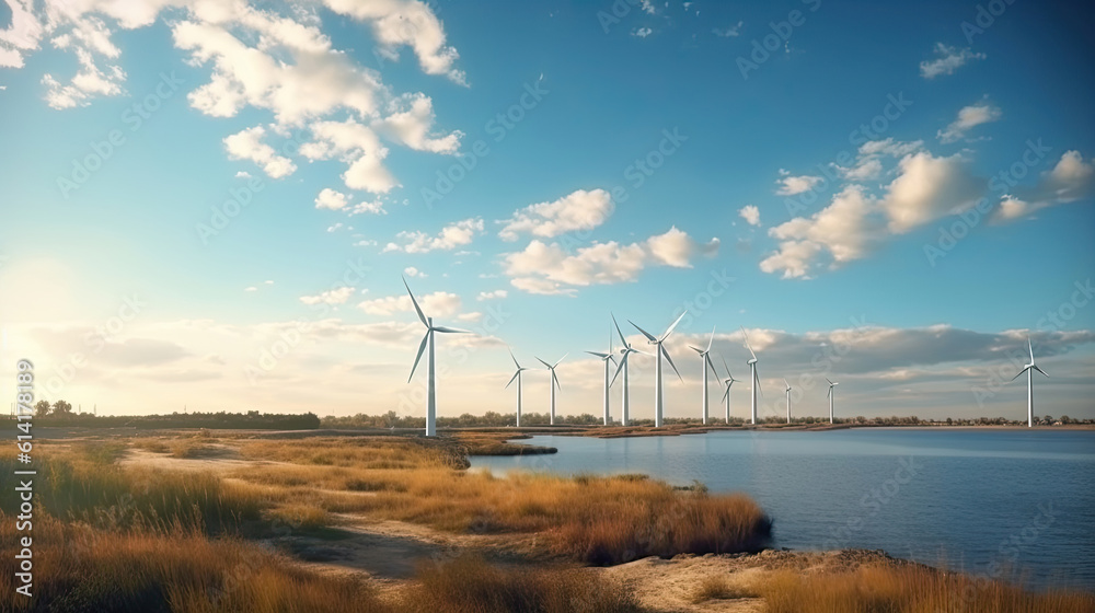 Powerful wind turbine farm for pure energy production on Beautiful ...