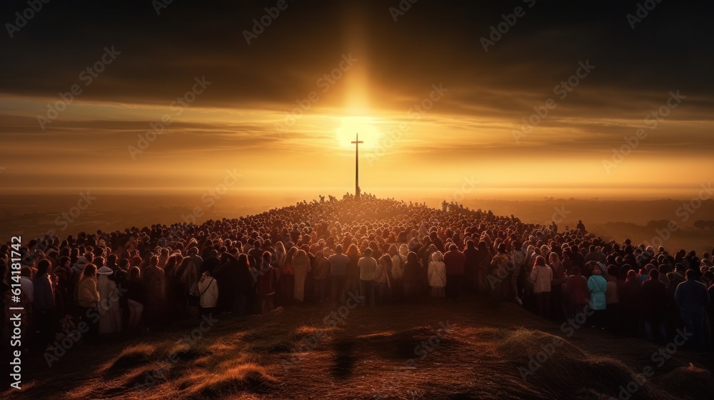 multitude of people looking towards a cross on the horizon Stock ...