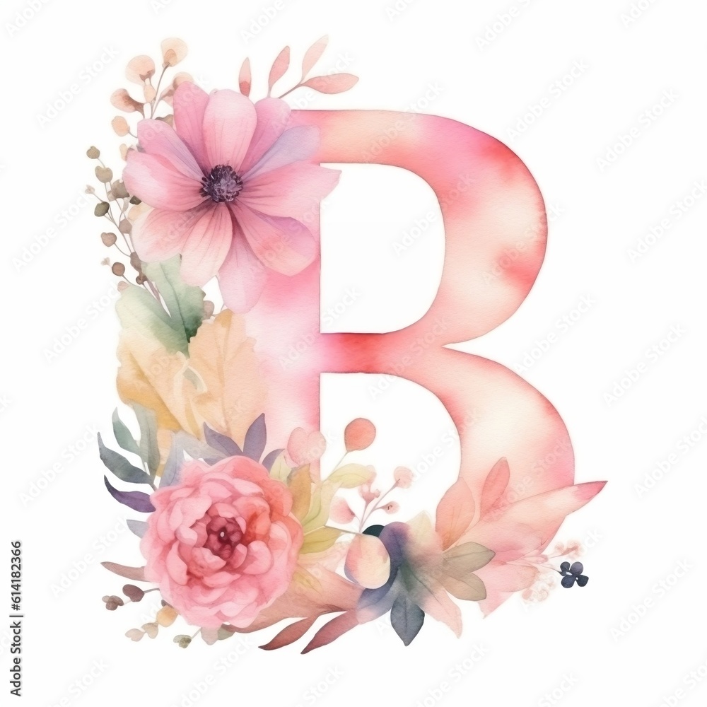 Pink B Letter with Flowers Watercolor Art Generative AI Stock ...