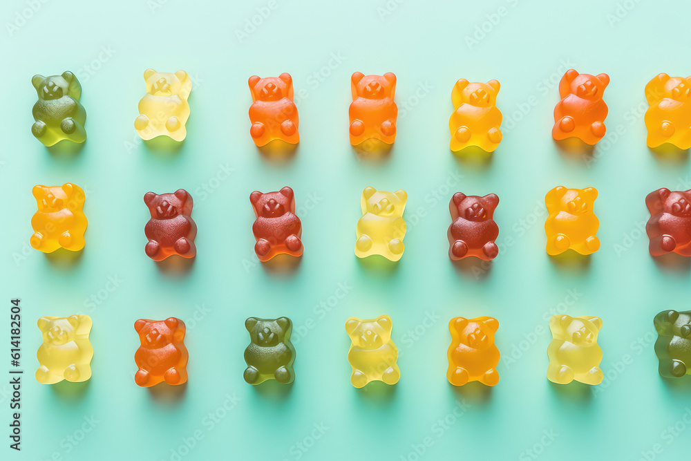 Top view of colorful gummy bears in rows on a flat blue background ...