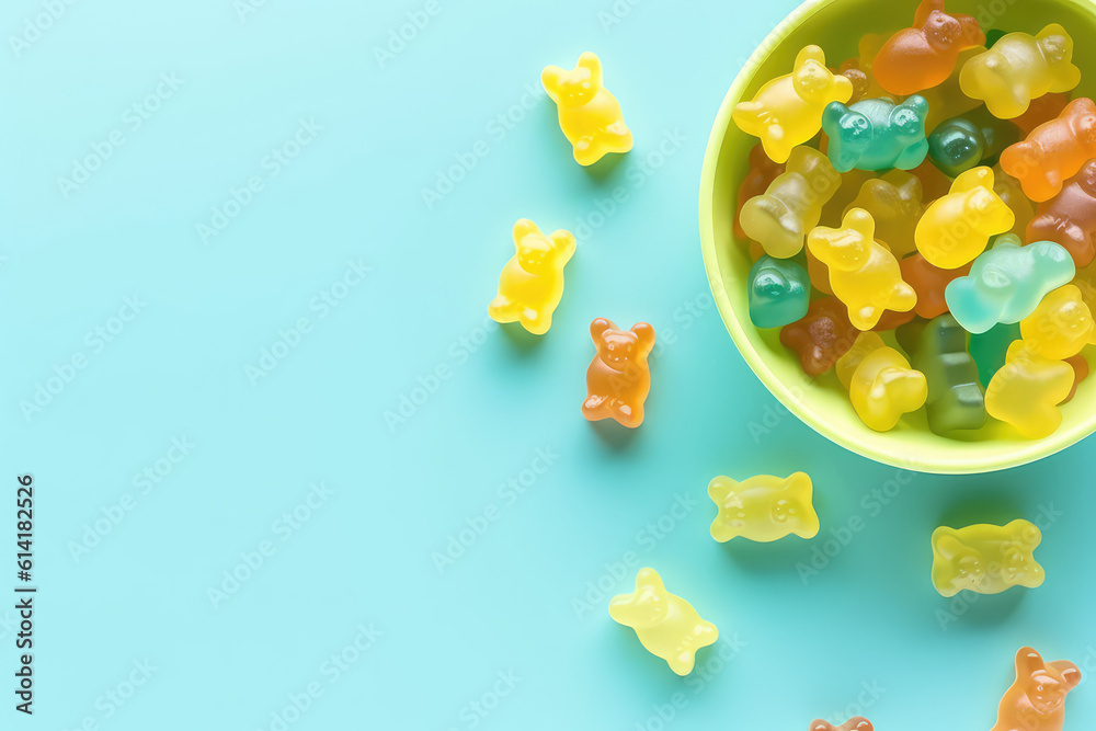Top view of colorful gummy bears on a flat blue background, copy space ...