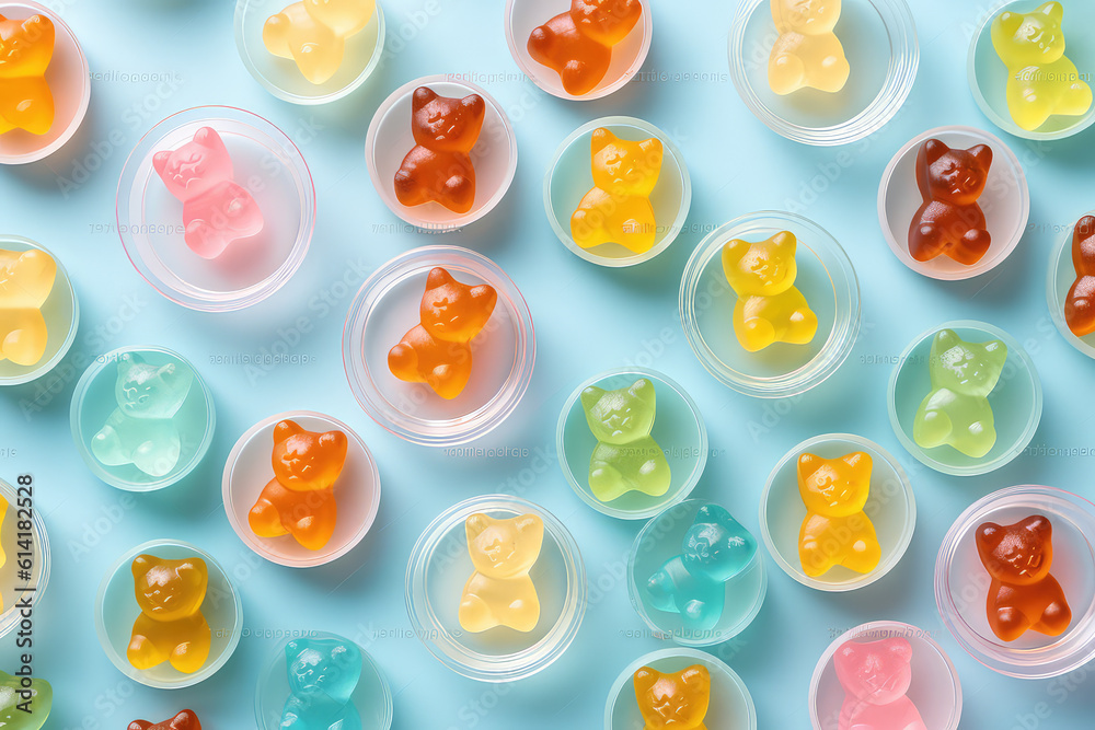 Top view of colorful gummy bears on a flat blue background. Creative ...