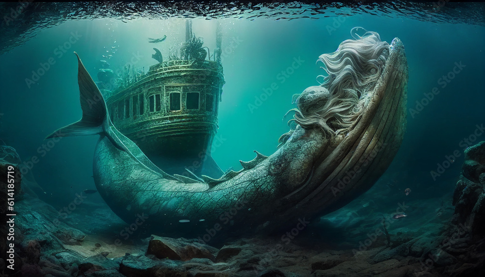 Illustration of a mermaid around a sunken ship at the bottom of the sea ...