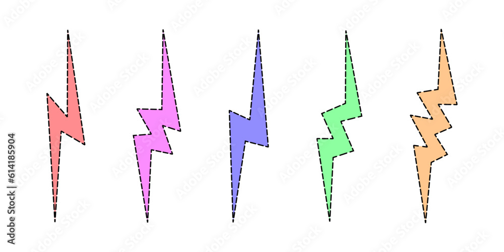 Collection of lightning bolts of various colors and black outlines ...