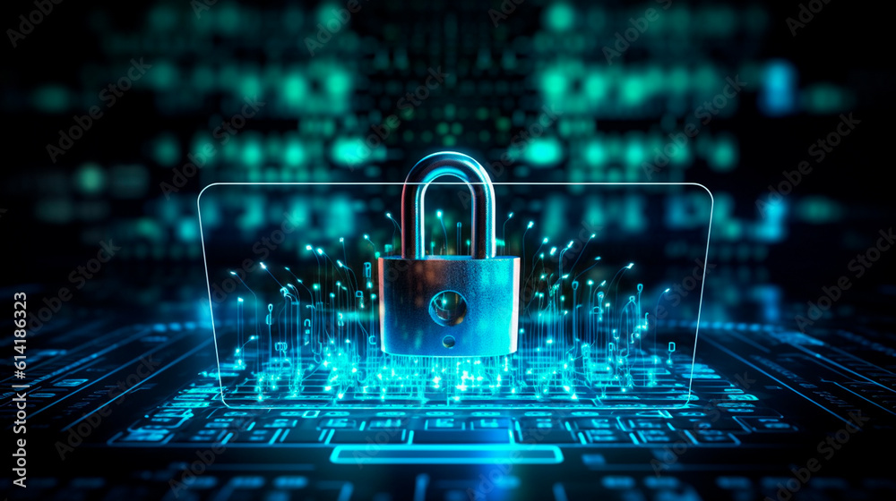 Cybersecurity illustration with high-tech padlock protecting a laptop ...