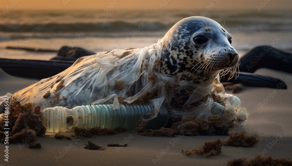 A Grey Seal stranded at a Beach, tragically caught in a section of ...